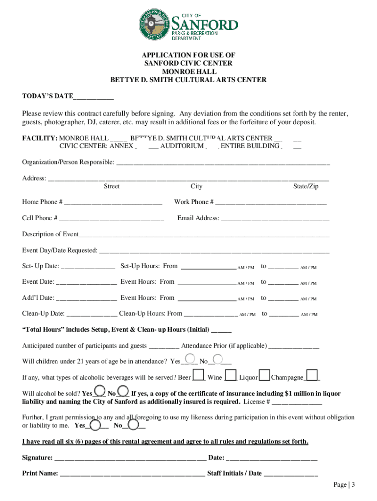 Fillable Online Sanford Civic Center Monroe Hall Bettye D. Smith ...