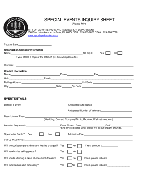Fillable Online SPECIAL EVENTS INQUIRY SHEET Fax Email Print - pdfFiller