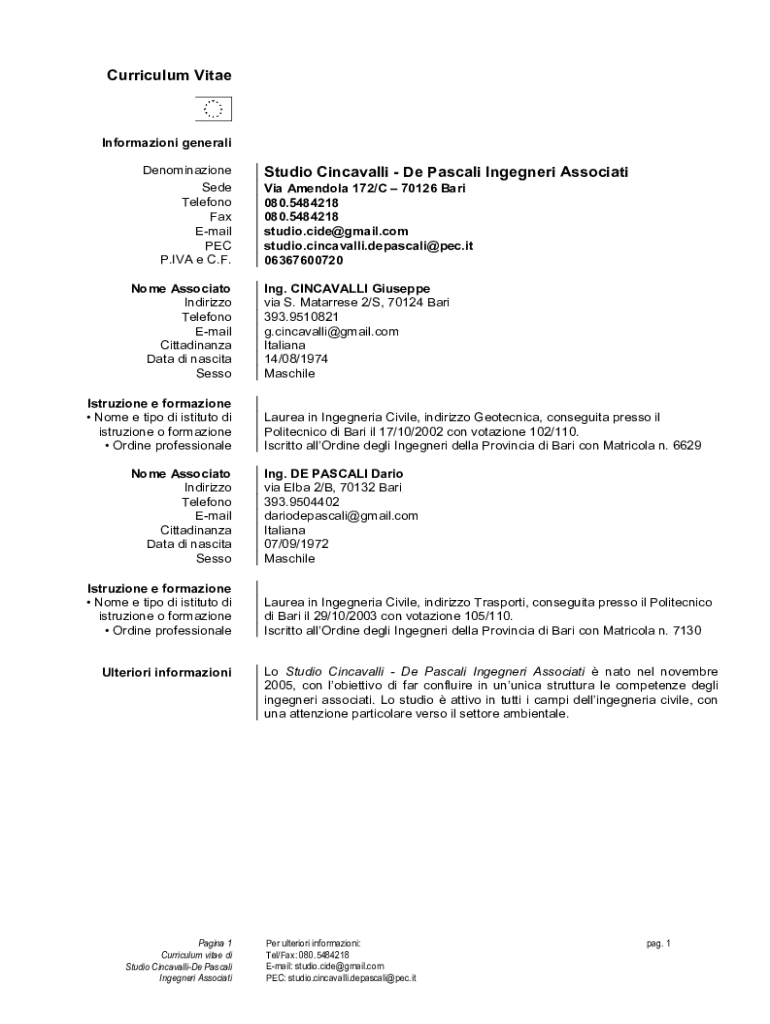 Compilabile Online Curriculum Vitae Denominazione Studio Cincavalli - De Pascali ... Fax Email ...