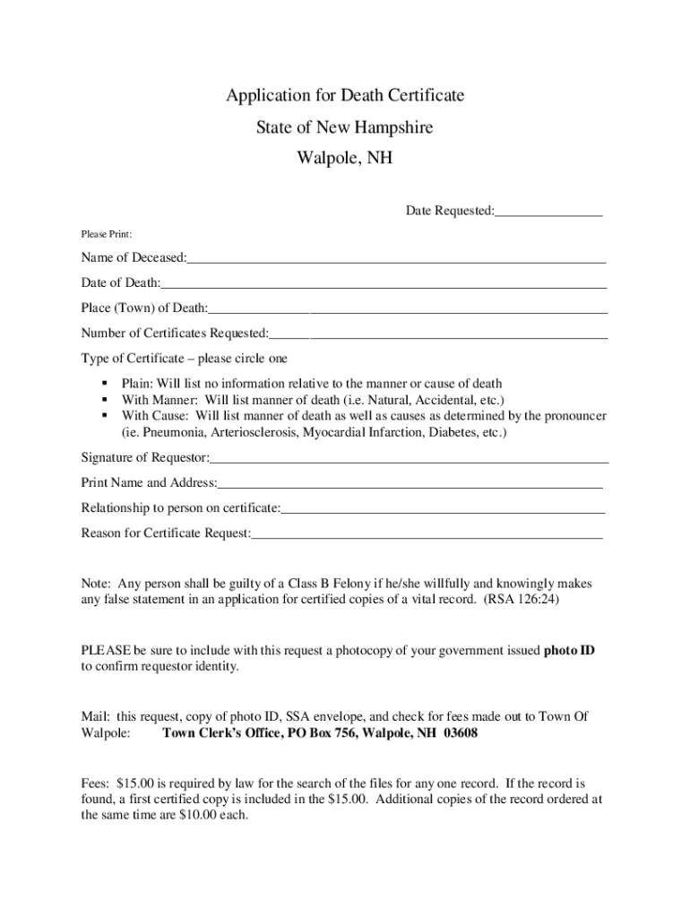 Fillable Online Application for Death Certificate State of New ...
