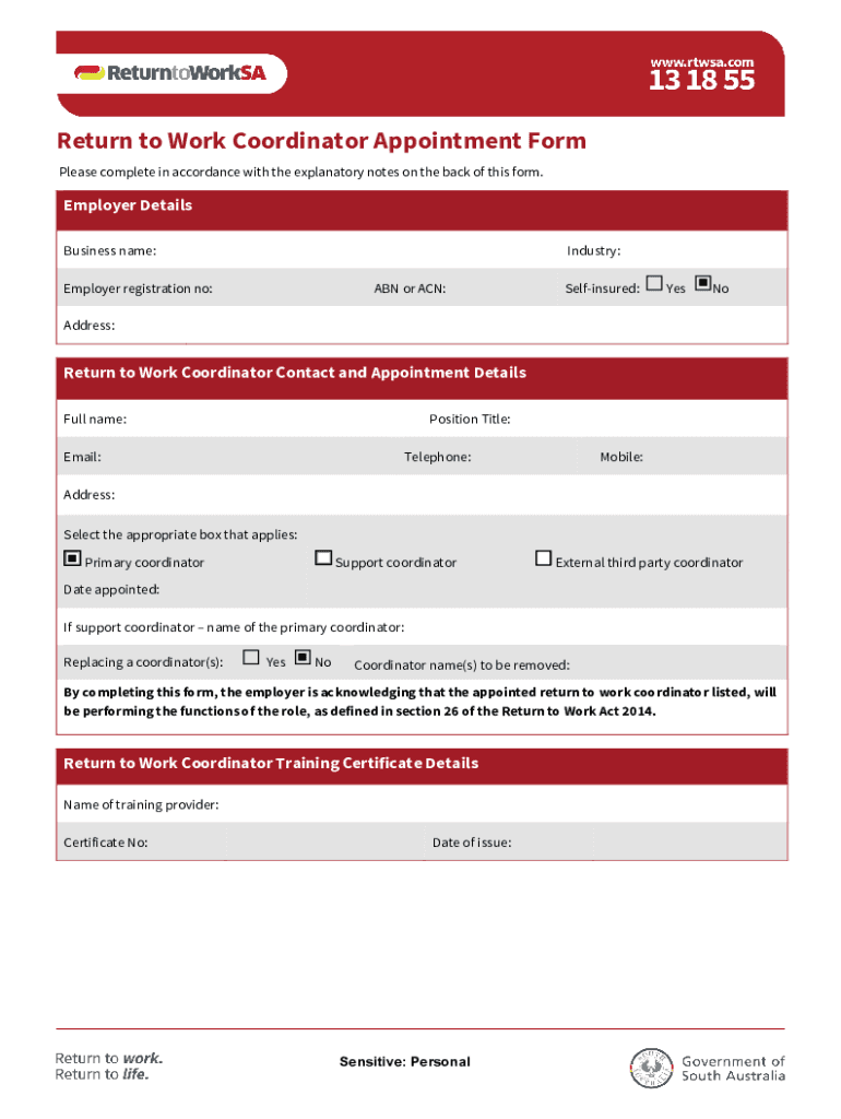 Fillable Online Return to Work Coordinator appointment change of ...