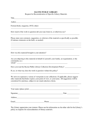 Fillable Online Request for Reconsideration of Specific Library Materials Fax Email Print ...