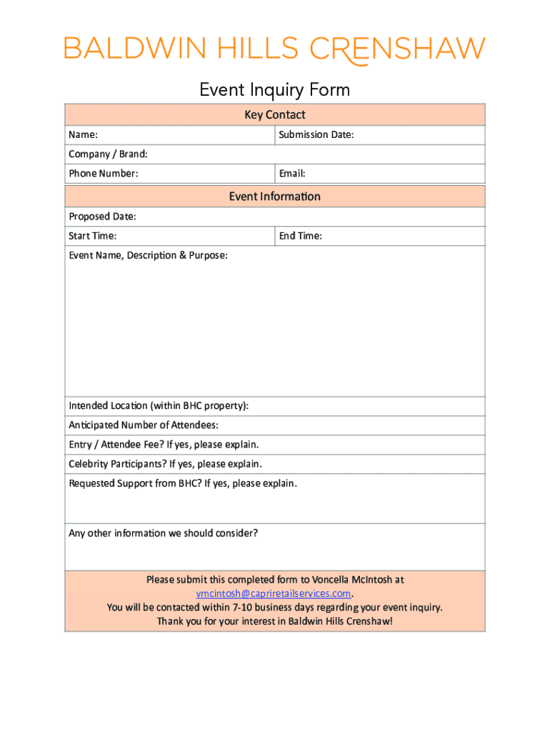 Fillable Online BHC Event Inquiry Form Fax Email Print - pdfFiller