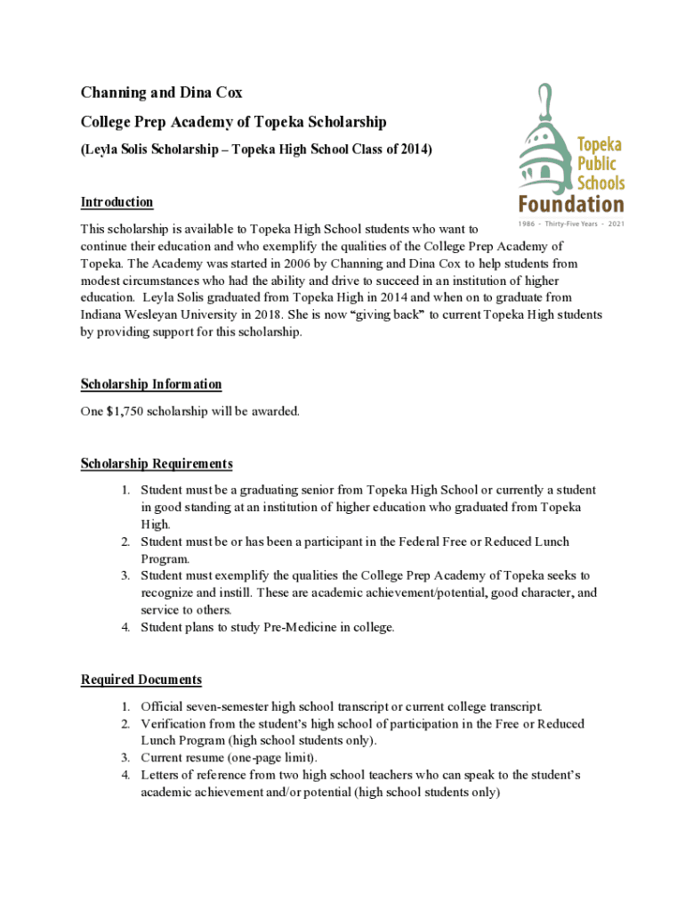 Fillable Online Channing and Dina Cox College Prep Academy of Topeka ...