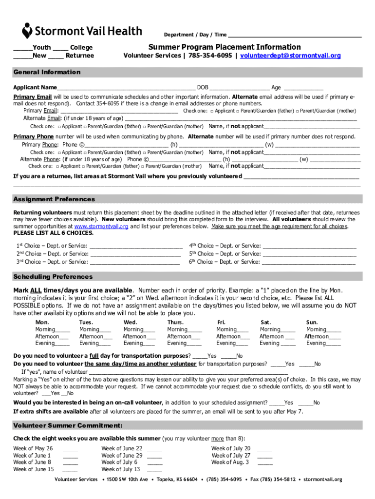Fillable Online Placement Sheet - SUMMER - 2020 -letterhead.docx Fax ...