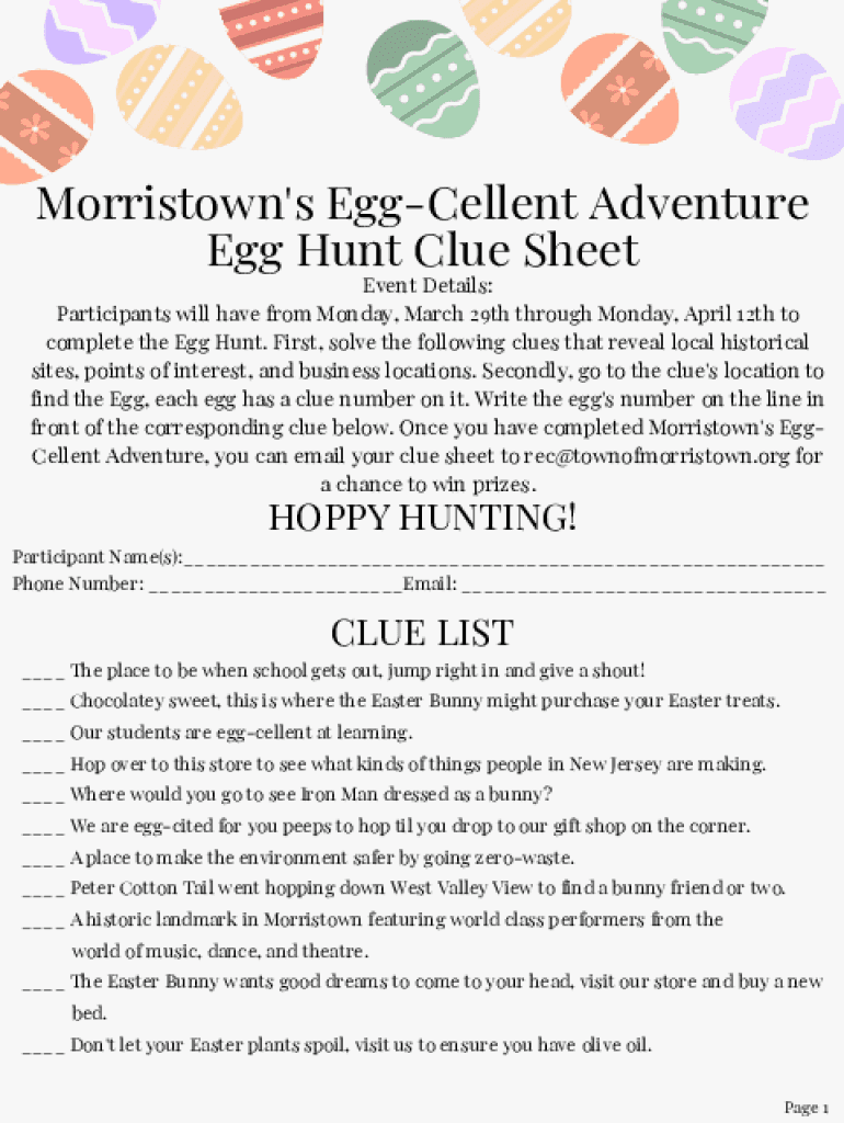 Fillable Online Morristown's Egg-Cellent Adventure Egg Hunt Clue Sheet ...