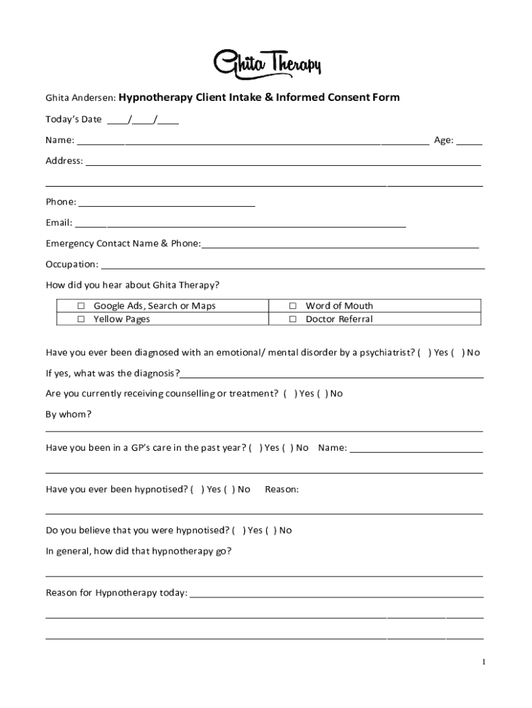 Fillable Online Hypnotherapy Client Intake & Informed Consent Form Fax ...