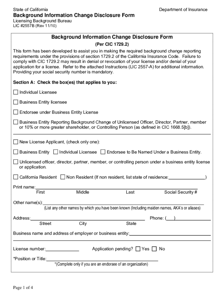 Fillable Online LIC #2557B Background Information Change Disclosure Form Fax Email Print - pdfFiller