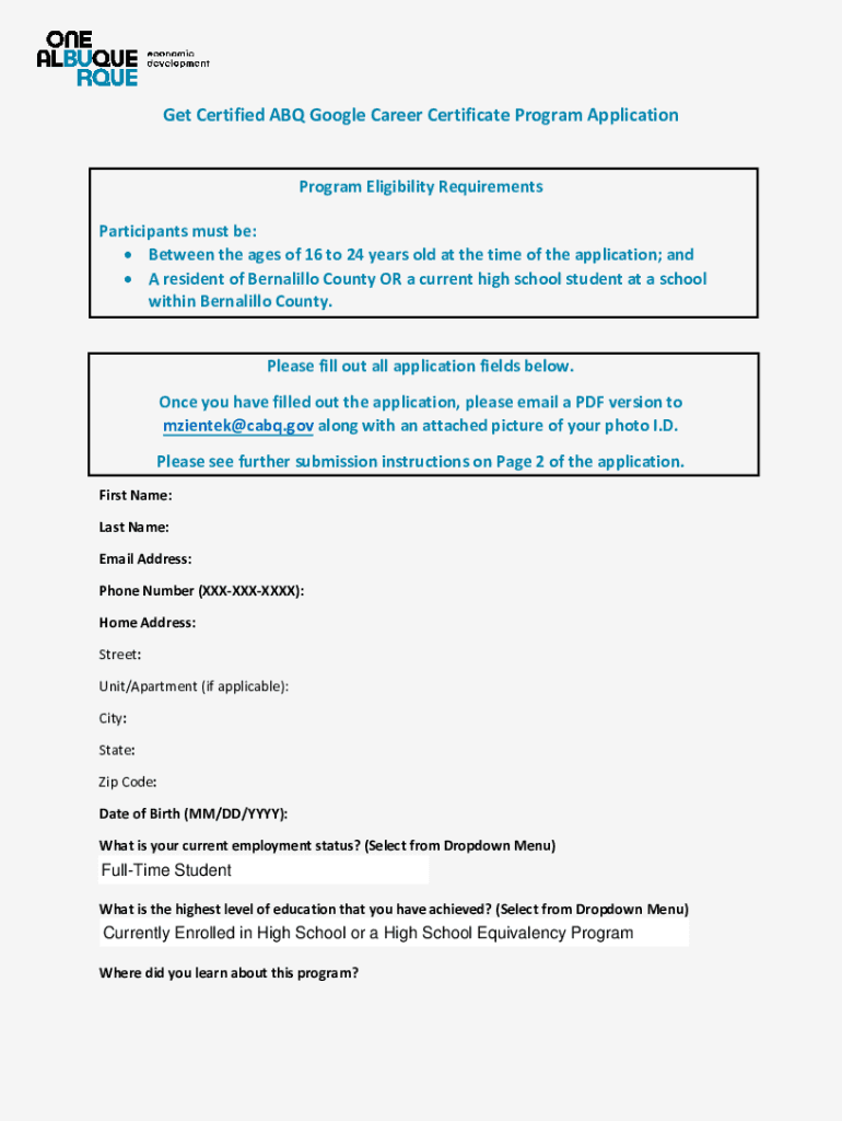 Fillable Online Get Certified ABQ Google Career Certificate Program ...