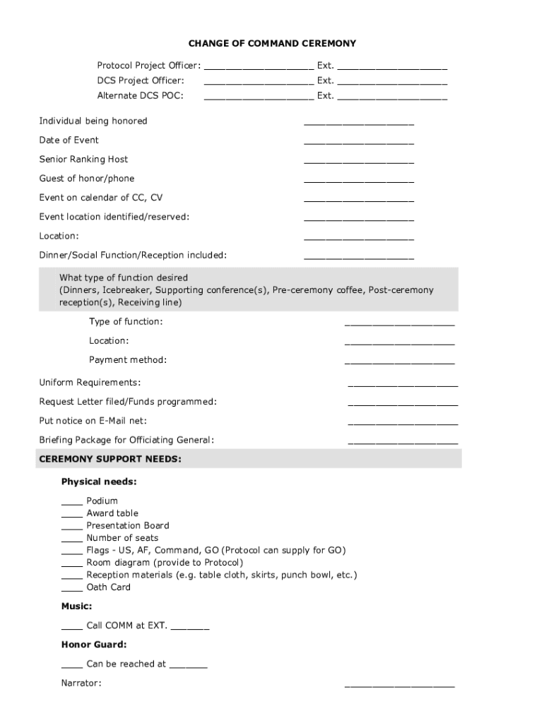 Fillable Online Checklist for Change of Command Ceremony Fax Email ...