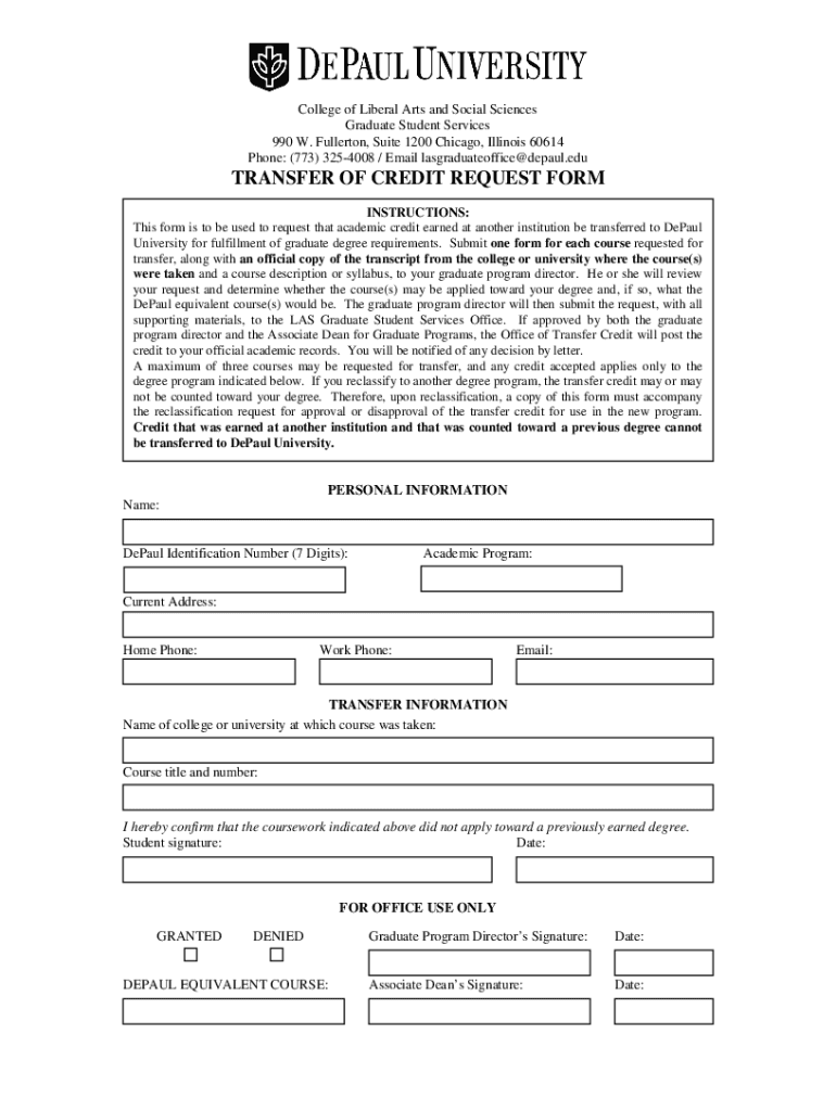 Fillable Online las depaul College of Liberal Arts and Social Sciences Graduate Transfer of ...