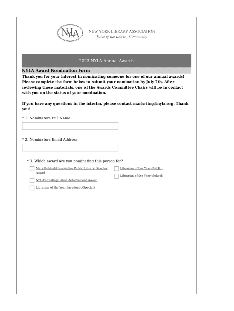 Fillable Online 2023 NYLA Annual Awards NYLA Award Nomination Form Fax Email Print - pdfFiller