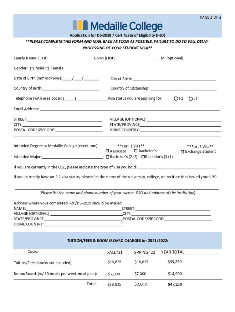 Fillable Online Medaille College Application for DS-2019 / Certificate ...