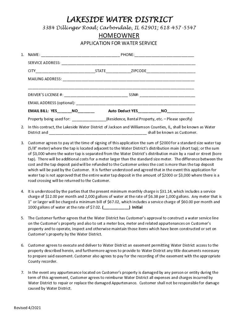 Fillable Online Application for Water ServiceLakeside Water District ...