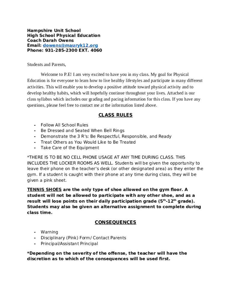 High School PE Syllabus Doc Template | pdfFiller