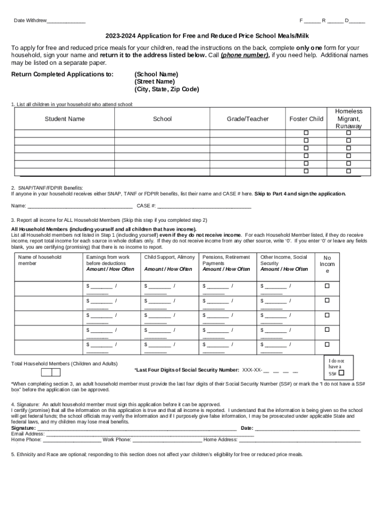 2023-2024 Application for Free and Reduced Price School Meals/Milk. 2023-2024 Application for ...