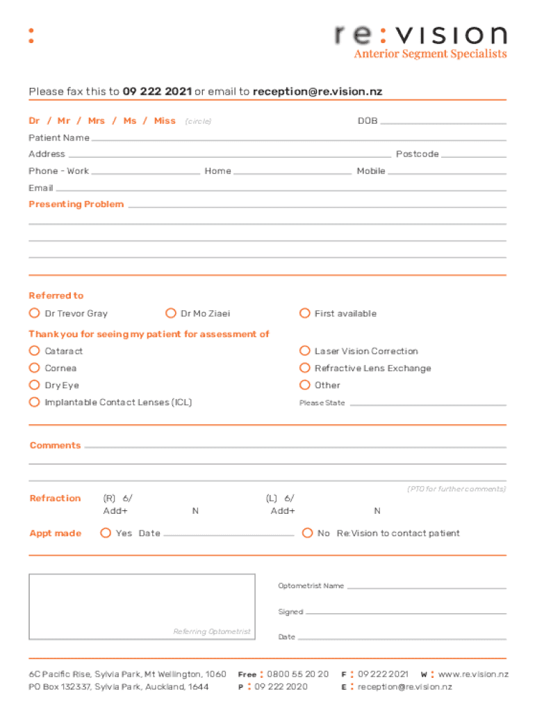 Fillable Online Please fax this to 09 222 2021 or email to receptionre.vision ... Fax Email ...