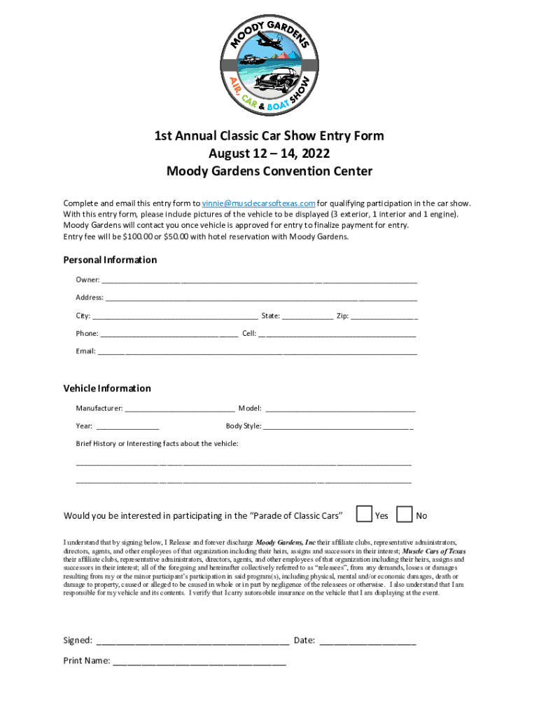 Fillable Online 1st Annual Classic Car Show Entry Form August 12 Fax ...