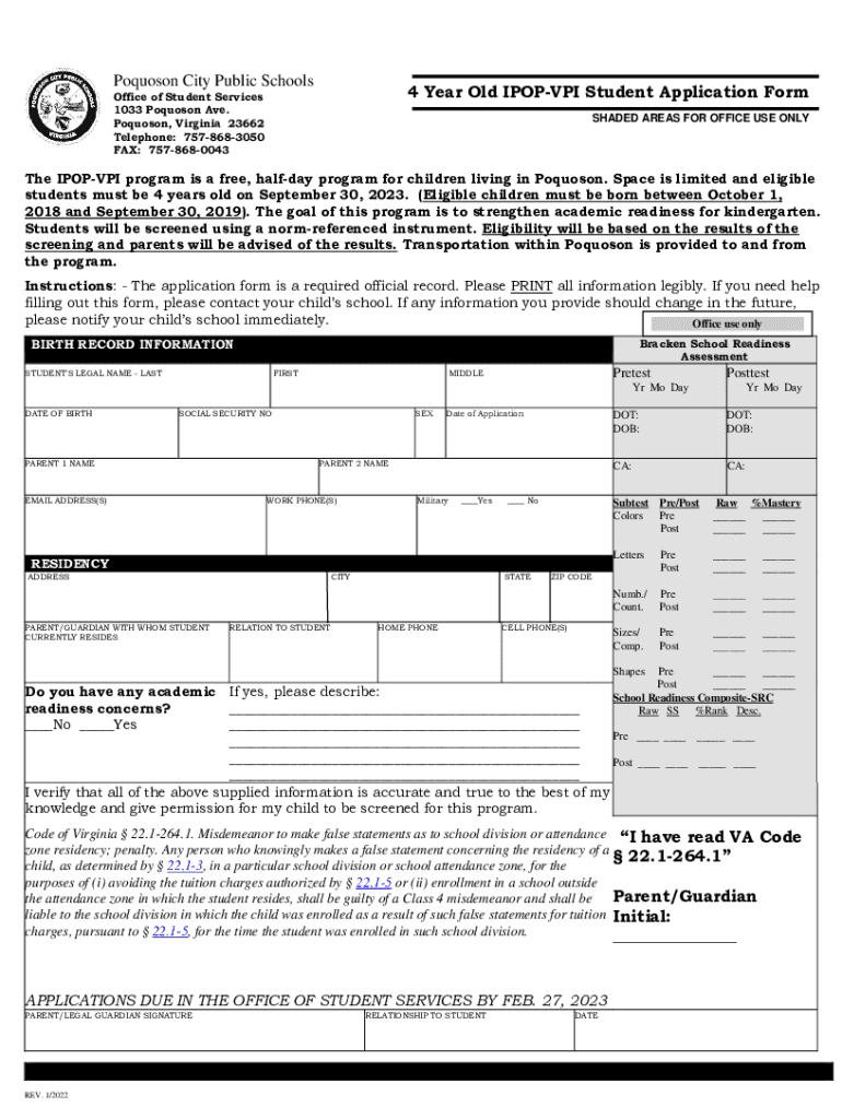 Fillable Online IPOP-VPI Student Data Form - Poquoson City Public ...