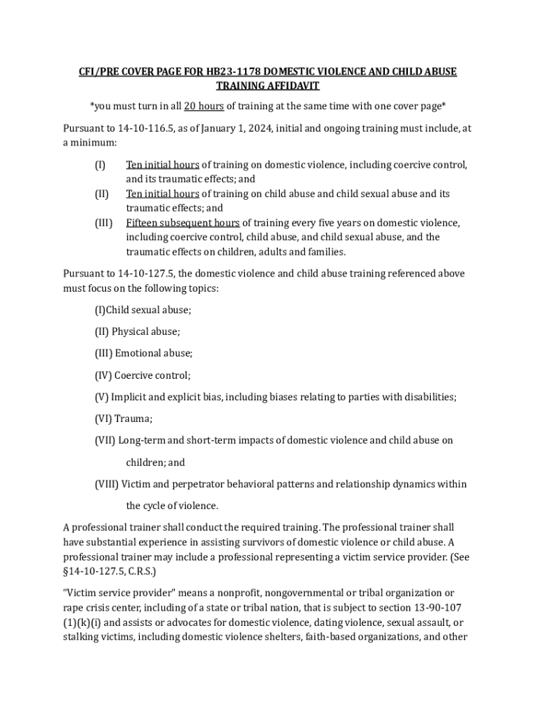 Fillable Online cfi/pre cover page for hb23-1178 domestic violence and ...