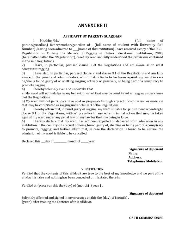 Fillable Online symbiosiscollege edu annexure ii - affidavit by parent/guardian Fax Email Print ...