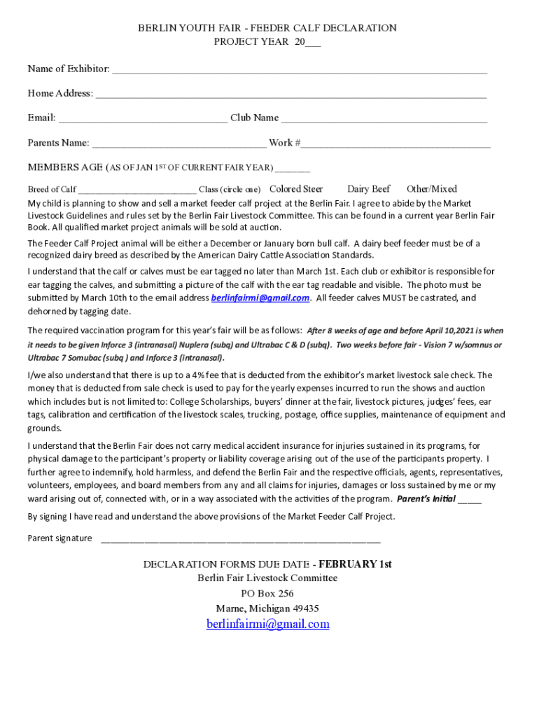 Fillable Online Berlin Fair 4-H Market Hog Declaration Form Project ...