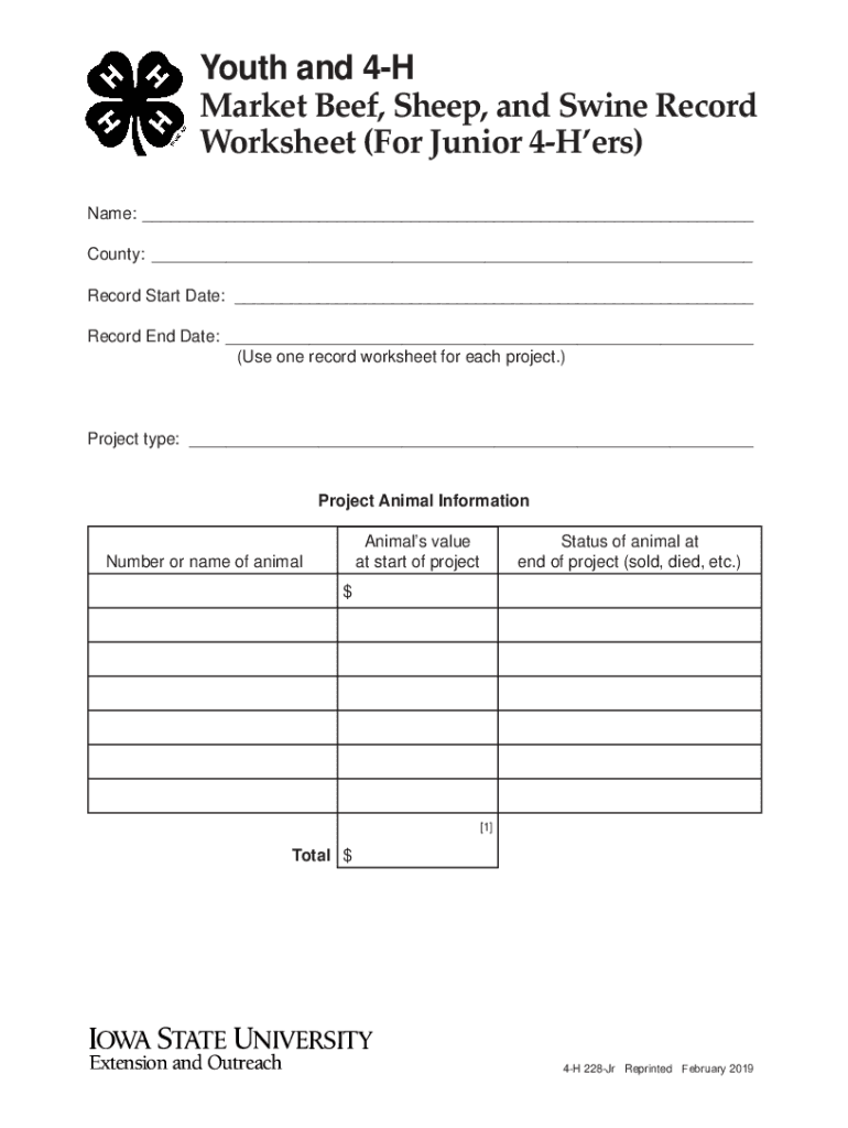 Fillable Online . Market Beef, Sheep, and Swine Record Worksheet (For ...