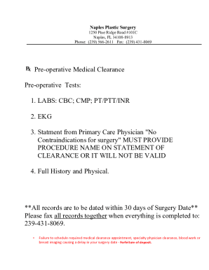 Fillable Online Pre-operative Medical Clearance Pre-operative Tests: 1 ...