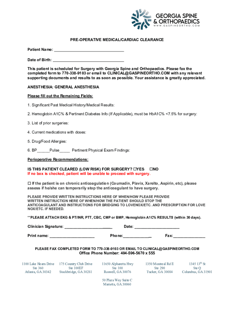 Fillable Online Surgical Clearance Form - Fill Online, Printable, Fillable ... Fax Email Print ...
