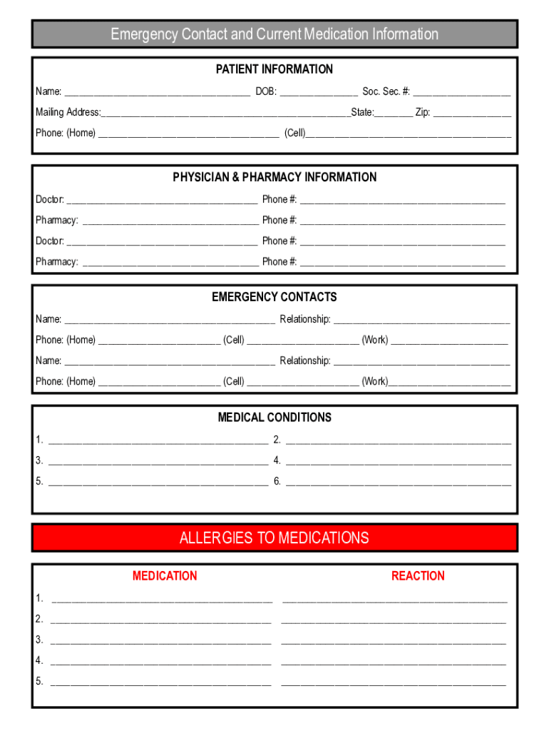 Fillable Online Emergency Contact and Current Medication Information ...