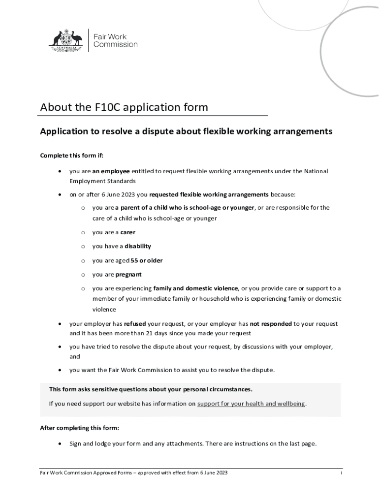 Fillable Online Form F10CApplication to resolve a dispute about flexible working arrangements ...