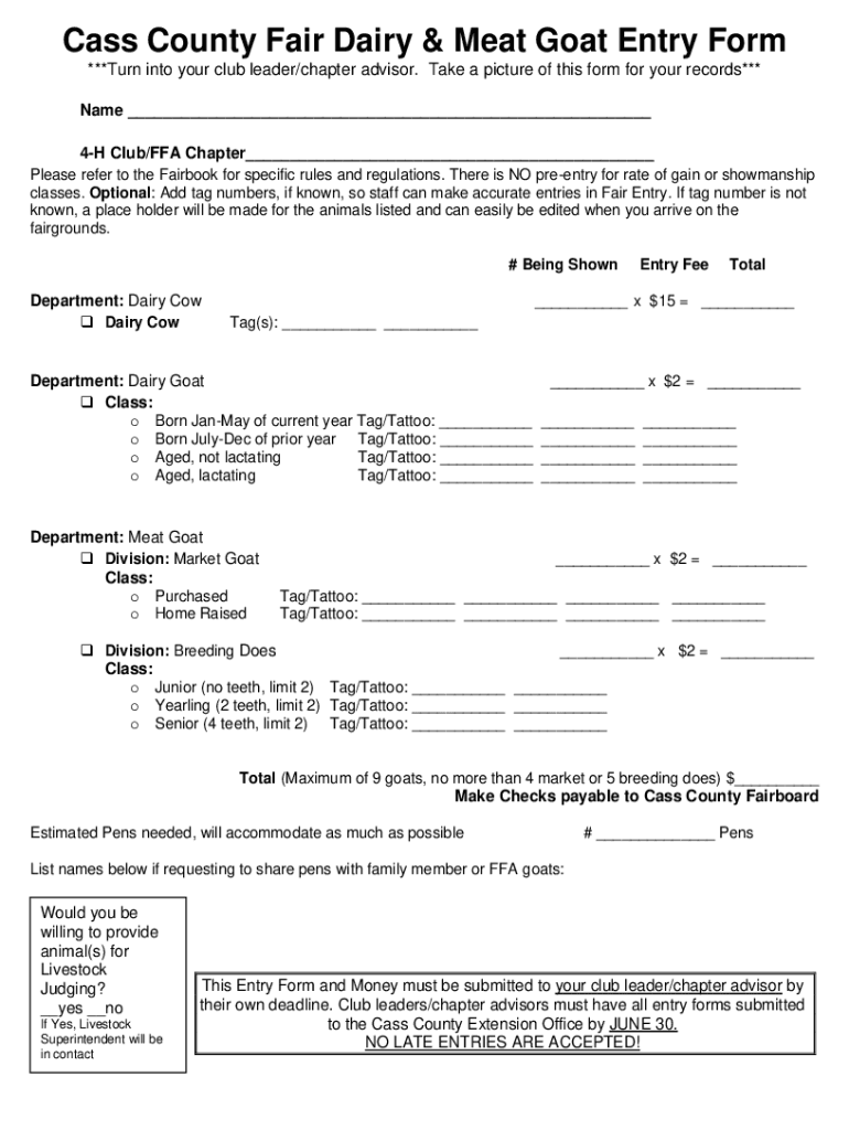 Fillable Online Cass County Fair Dairy & Meat Goat Entry Form Fax Email ...