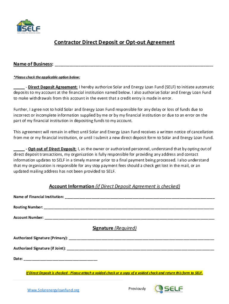 Fillable Online Contractor Direct Deposit or Opt-out Agreement Fax ...