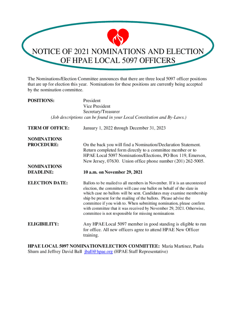 Fillable Online Notice of Nominations and Election of Local 5097 ...