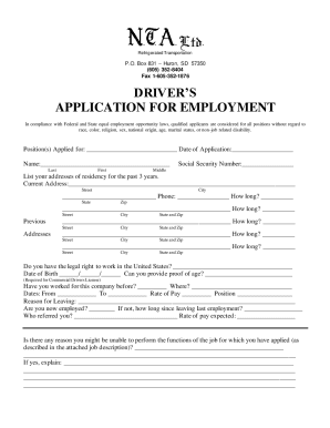 Fillable Online DRIVER'S APPLICATION FOR EMPLOYMENT - NTA Ltd. Fax ...