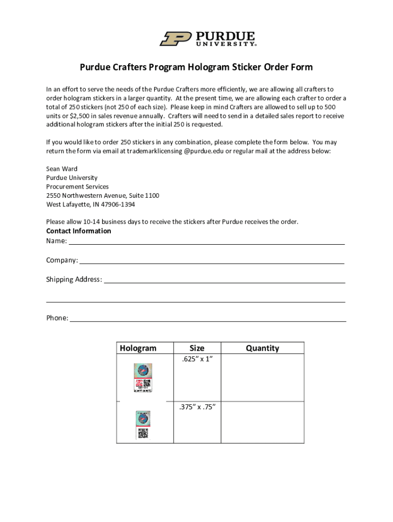 Fillable Online Purdue Crafters Program Hologram Sticker Order Form Fax ...