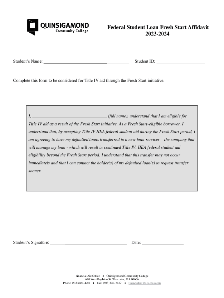 Fillable Online Federal Student Loan Fresh Start Affidavit 2023-2024 ...