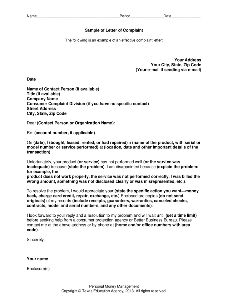 Fillable Online Sample of Letter of Complaint. Human Services Fax Email ...