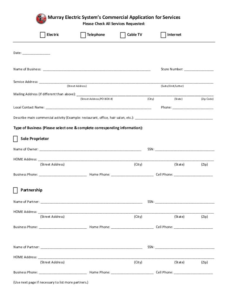 Fillable Online www2 murray-ky Murray Electric System's Commercial Application for Services Fax ...