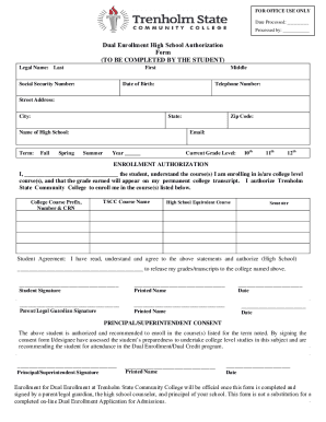Fillable Online Dual Enrollment High School Authorization Form (TO BE ... Fax Email Print ...
