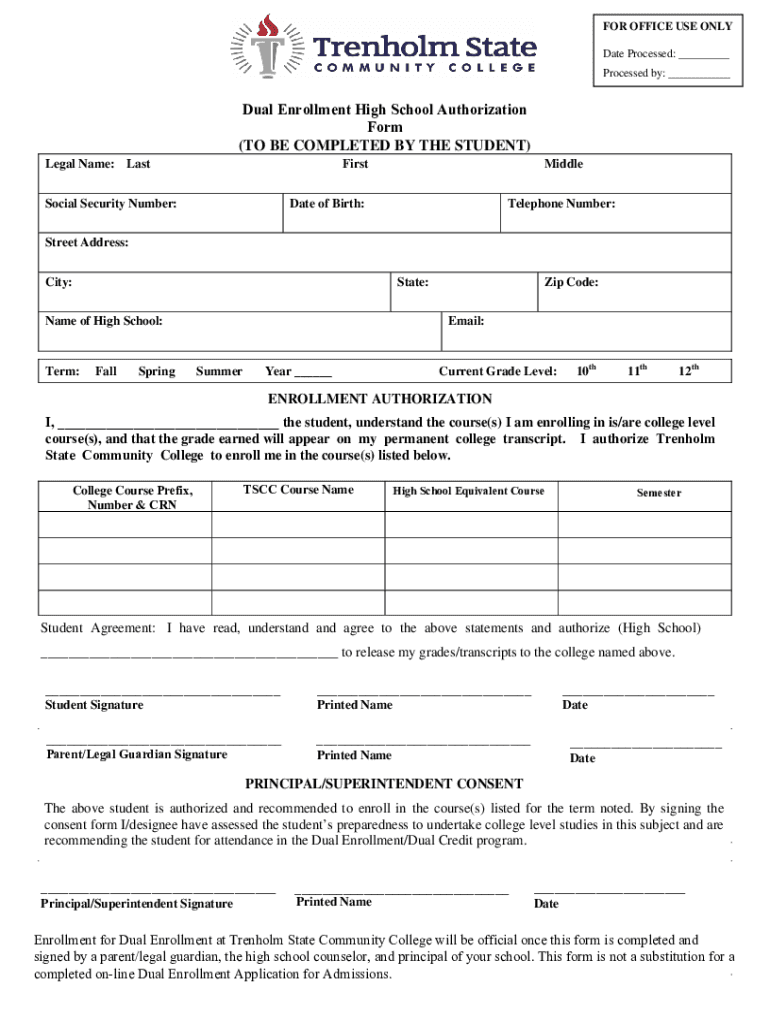 Fillable Online Dual Enrollment High School Authorization Form (TO BE ... Fax Email Print ...