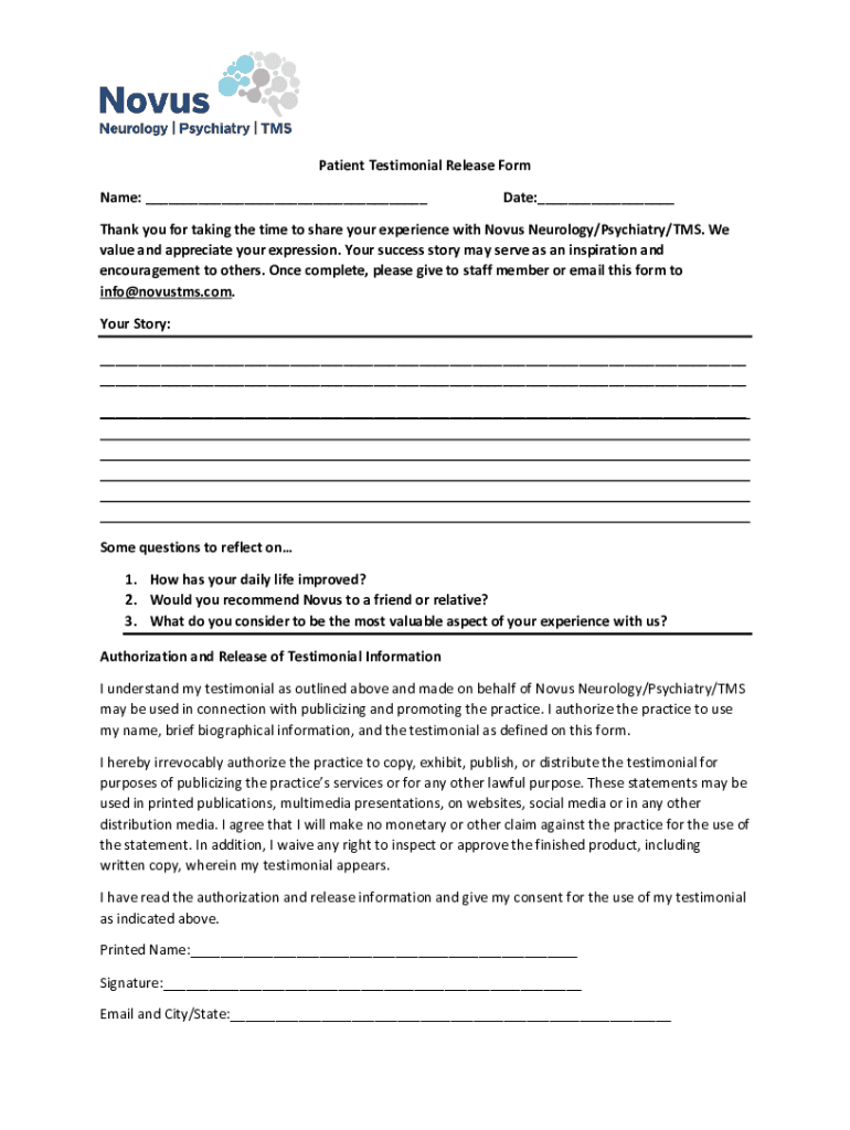 Fillable Online Novus Patient Testimonial Release Form Fax Email Print ...