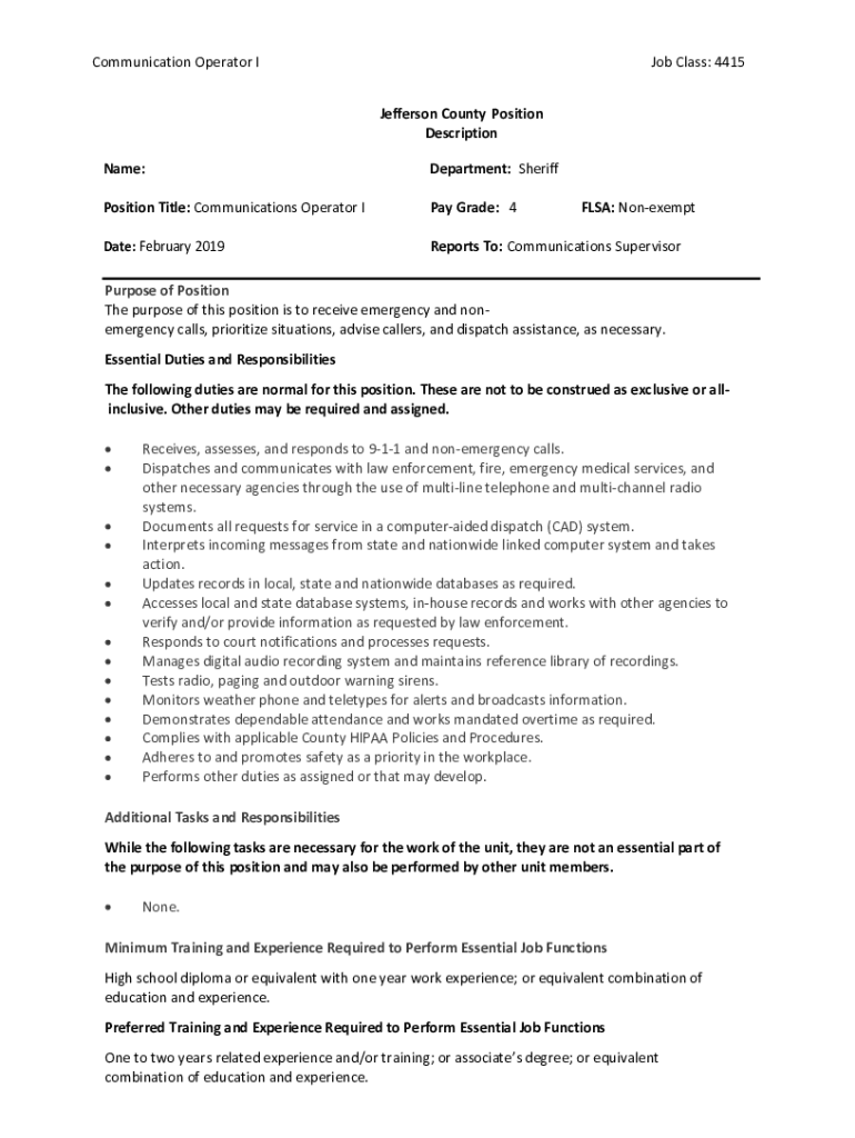 Fillable Online Communications Operator II Job Opening in Merit System ...