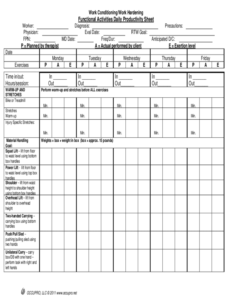 Fillable Online Functional Activities Daily Productivity Sheet Fax ...