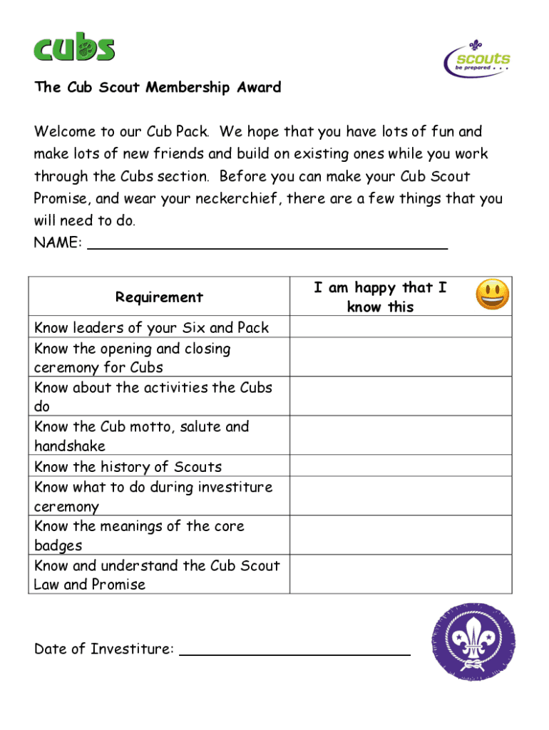 Fillable Online The Cub Scout Membership Award Fax Email Print - pdfFiller
