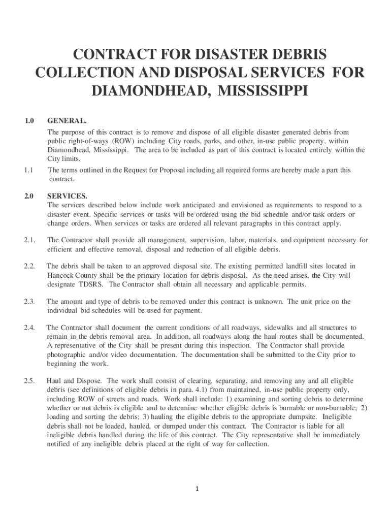 Fillable Online CONTRACT FOR DISASTER DEBRIS COLLECTION AND ... Fax ...