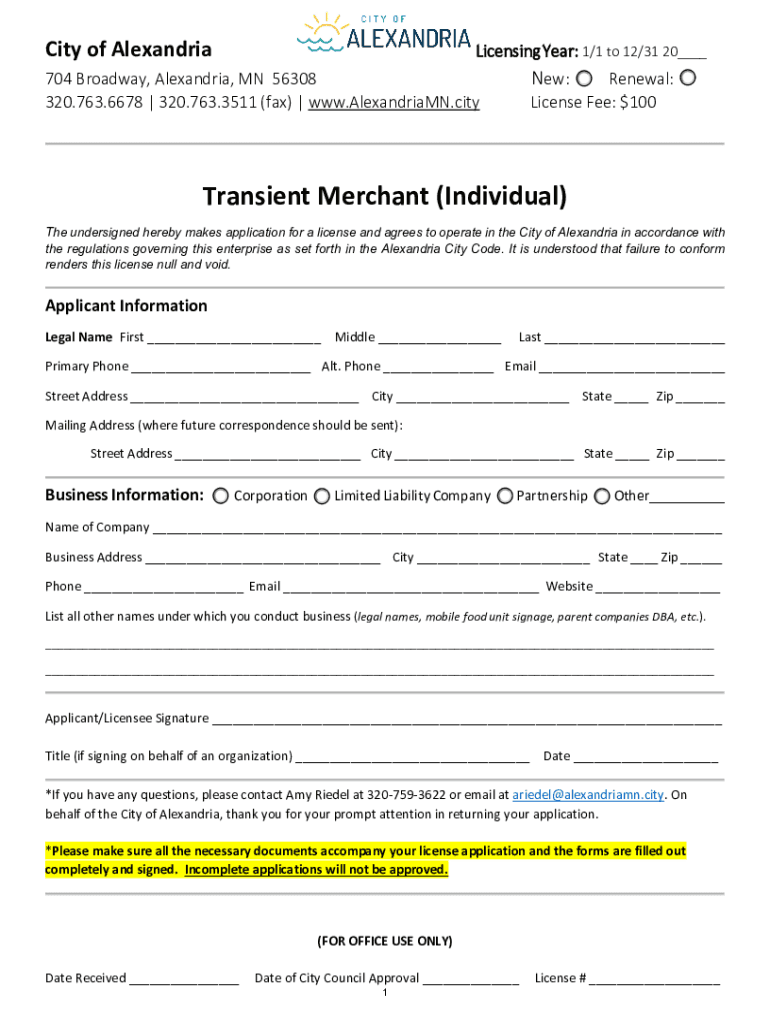 Fillable Online TRANSIENT-MERCHANT-INDIVIDUAL-LICENSE- ... Fax Email ...