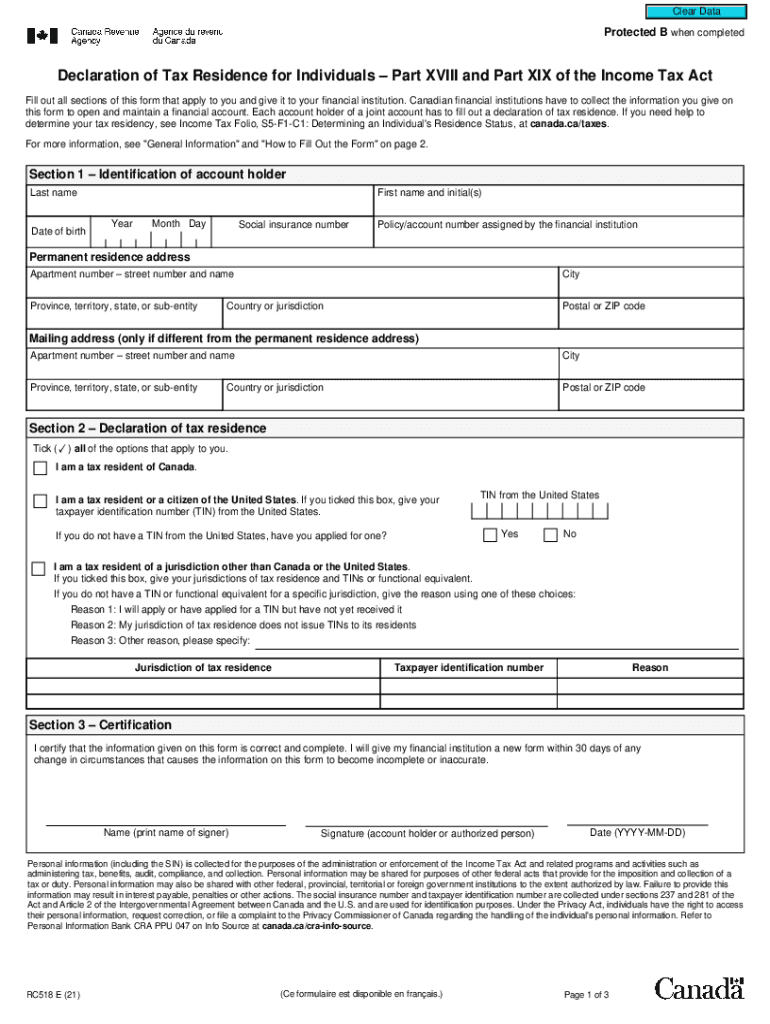 Fillable Online Declaration of Tax Residence for IndividualsPart XIX of ...
