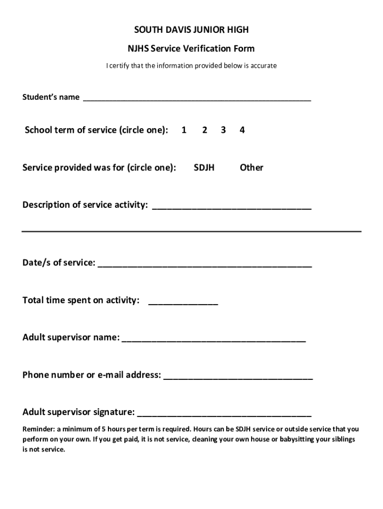 Fillable Online SOUTH DAVIS JUNIOR HIGH NJHS Service Verification Form ...