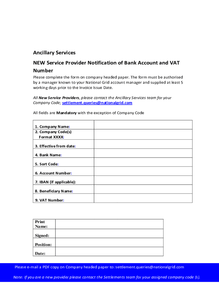 Fillable Online Ancillary Services - New Service Provider Bank Details ...